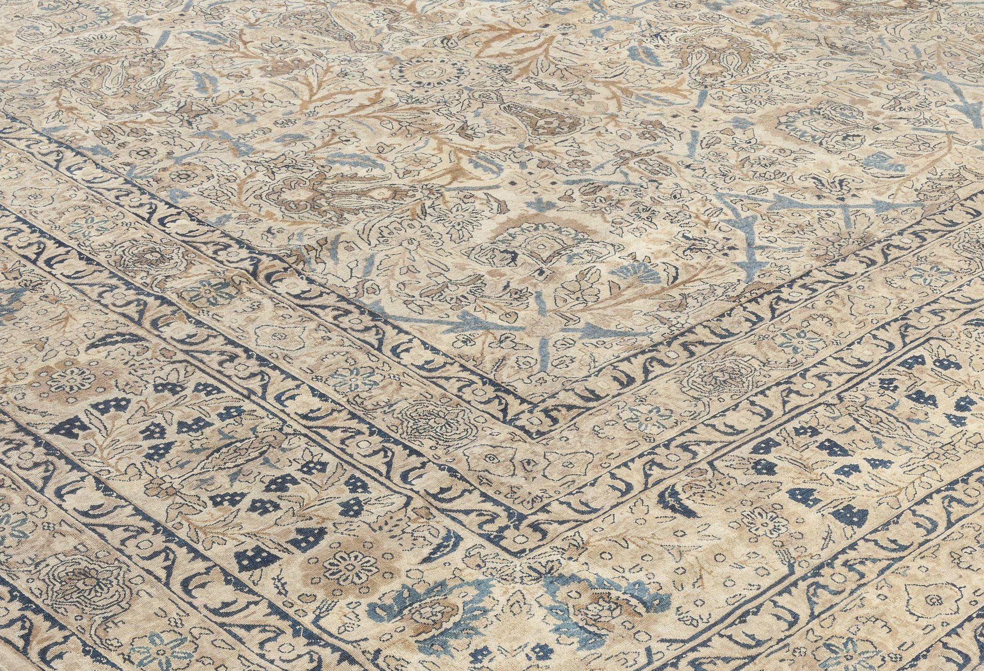 Antique Kirman Persian Allover Floral Warm Tan Hand-Knotted Wool Carpet ...