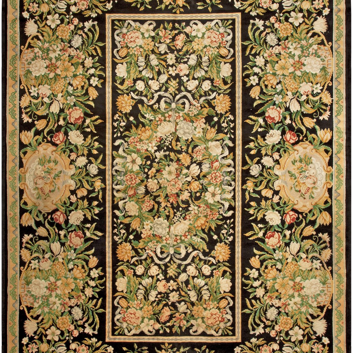 Savonnerie French Antique Floral Medallion Oversized Dark Olive Hand ...