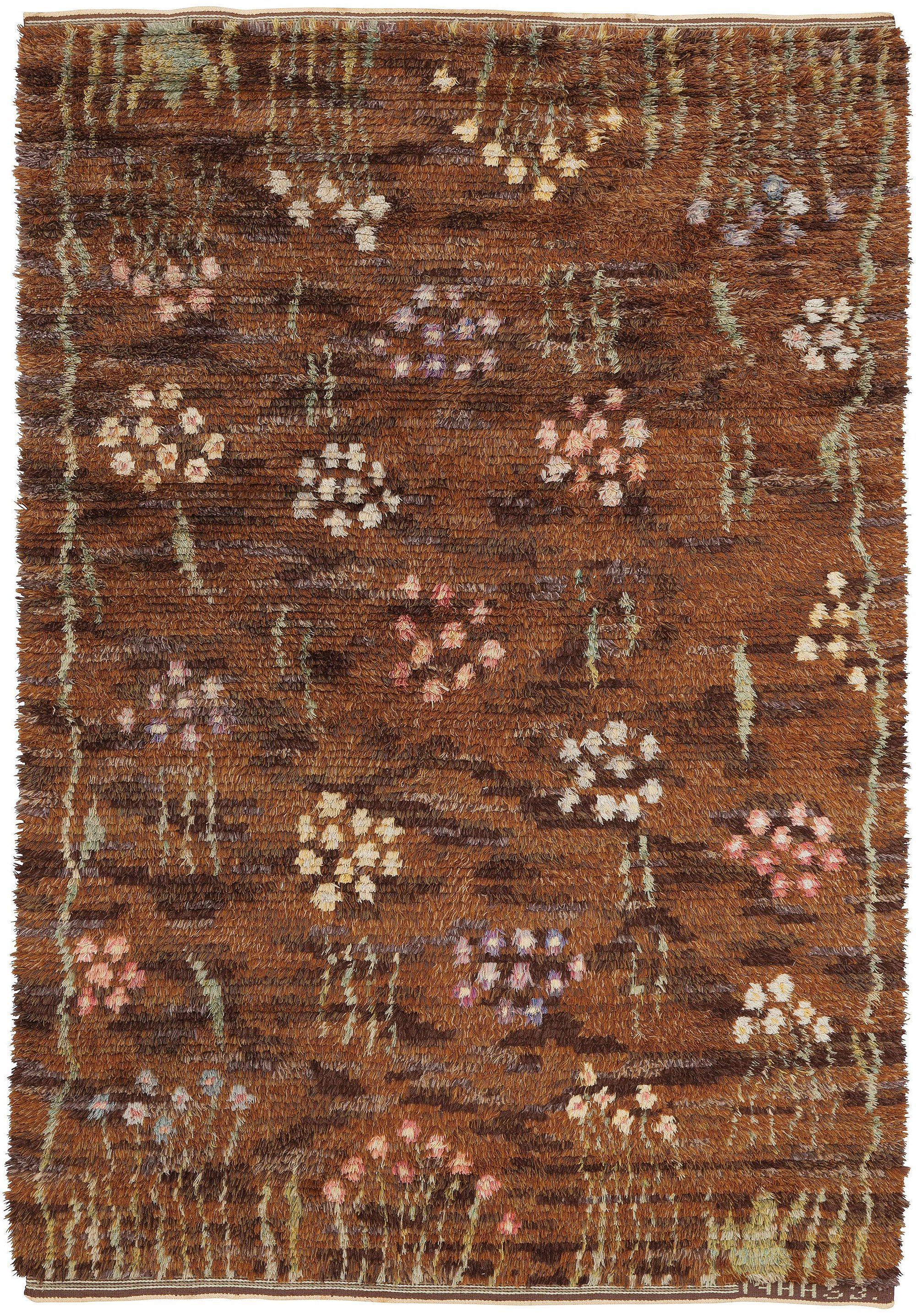 Mid-20th Century Scandinavian Brown Botanic Rya Rug by Helge Hamnert ...