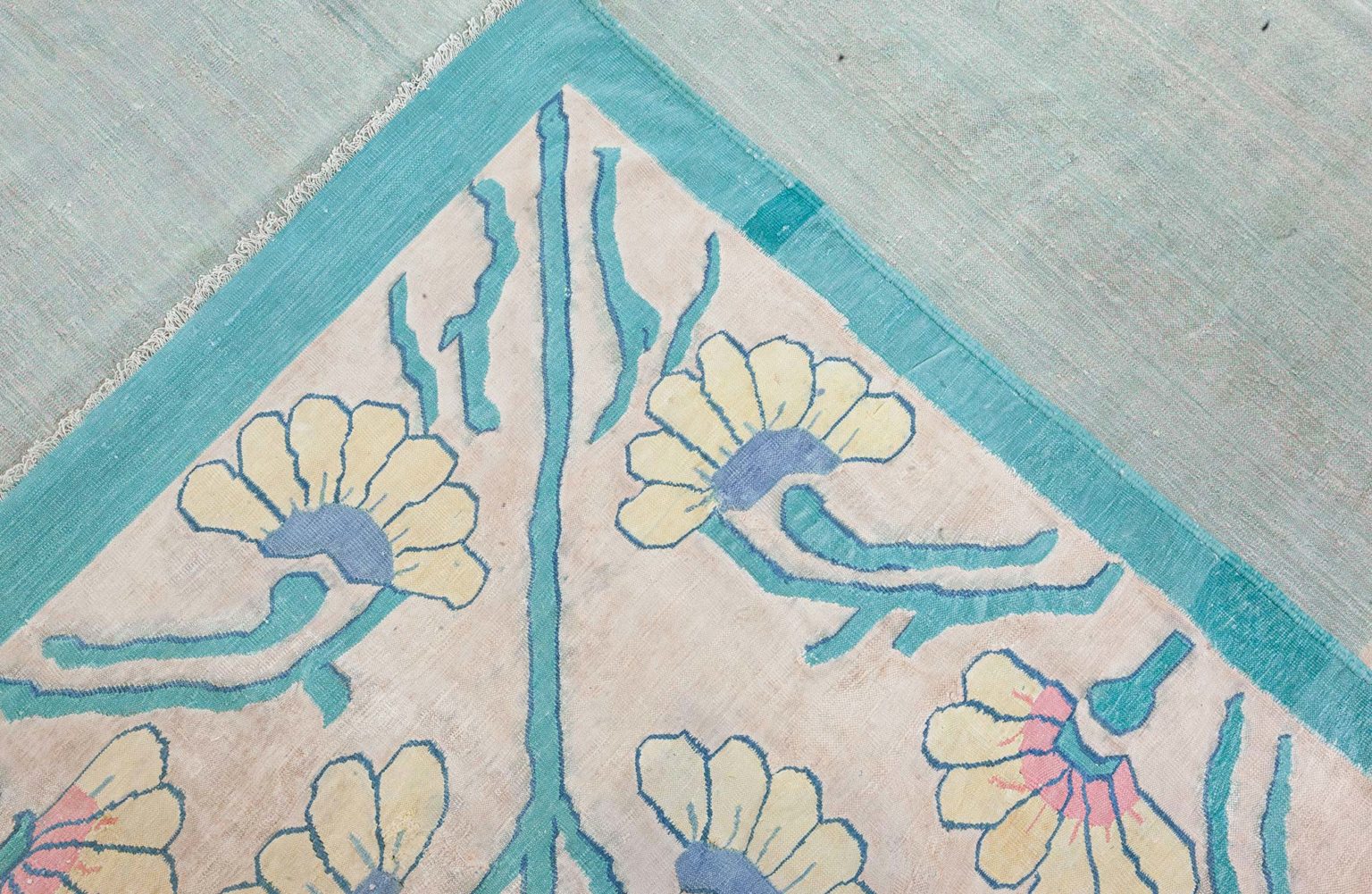 Oversized Mid-Century Indian Dhurrie Floral Soft Teal Flatweave Cotton ...